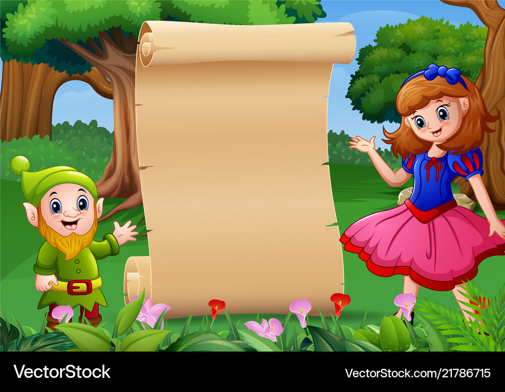 Snow white with dwarf and paper blank sign Vector Image