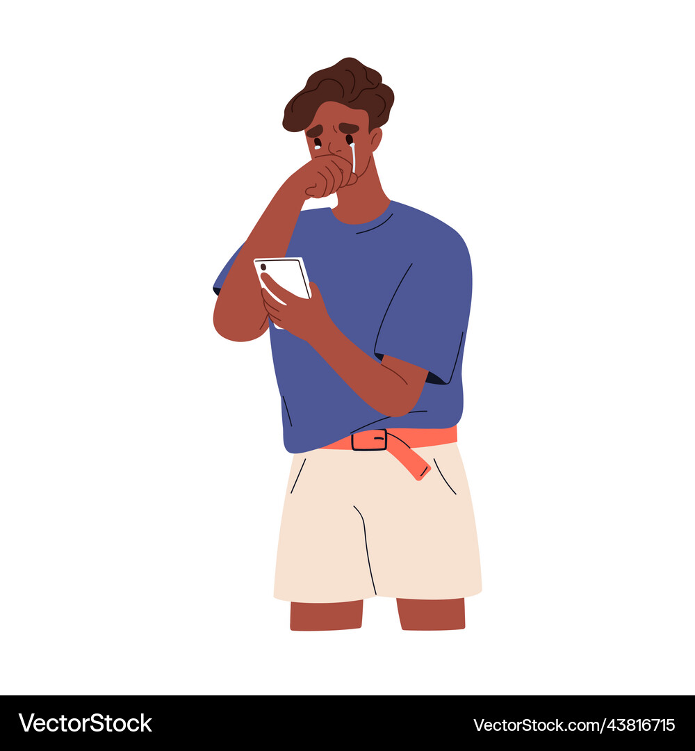 Upset man crying while reading bad news messages Vector Image
