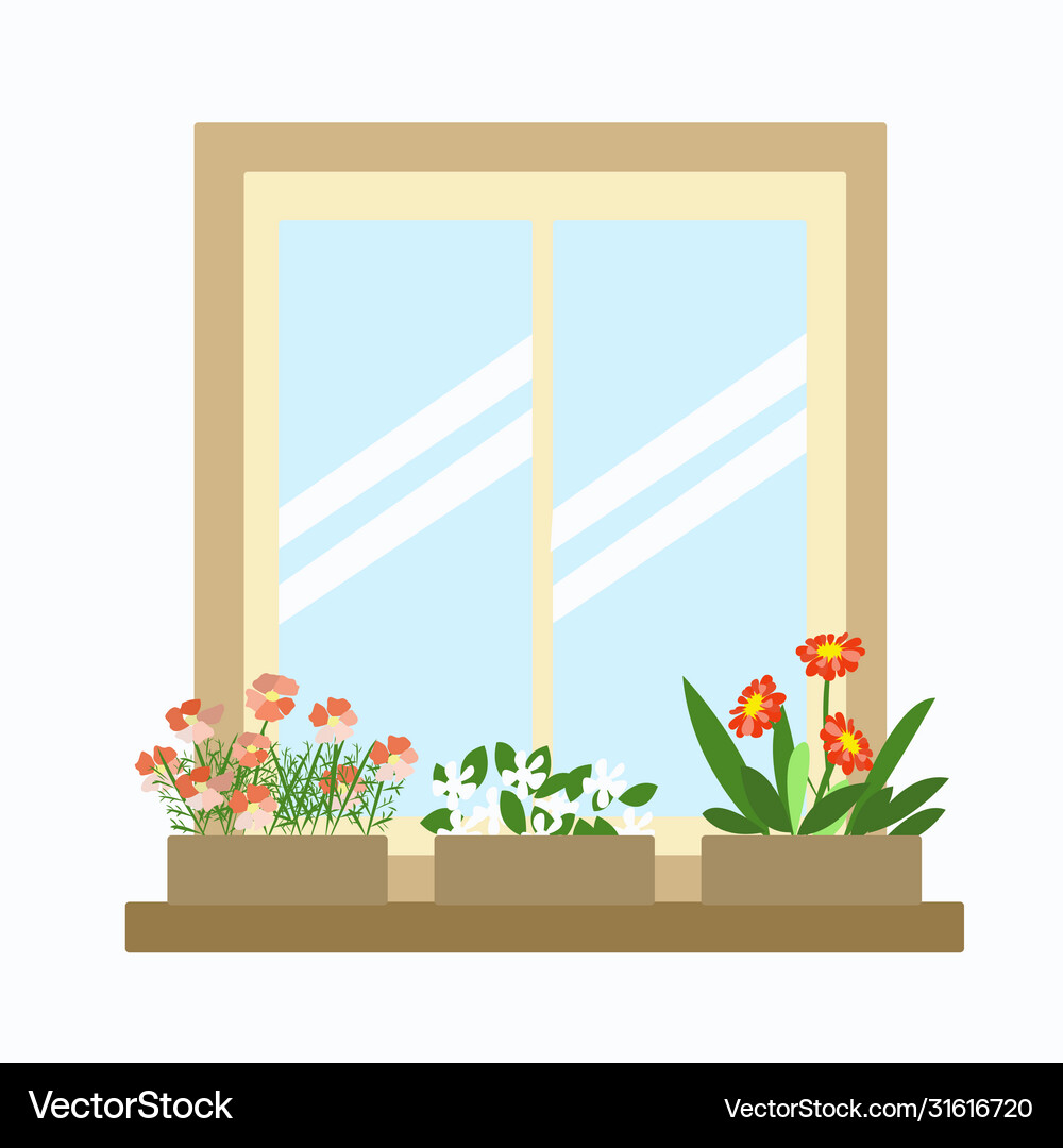 Closed window and flowers on windowsill Royalty Free Vector