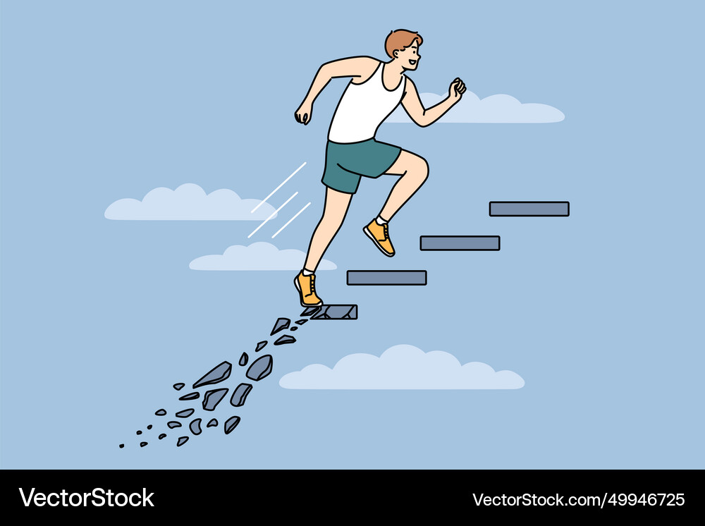 Ambitious man runs up crumbling staircase Vector Image