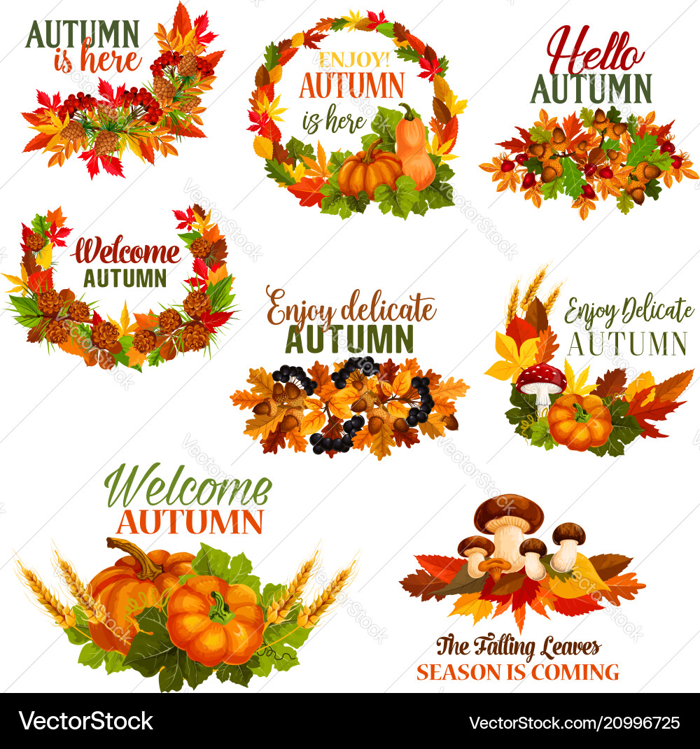 Autumn welcome hello fall leaf wreath icons Vector Image