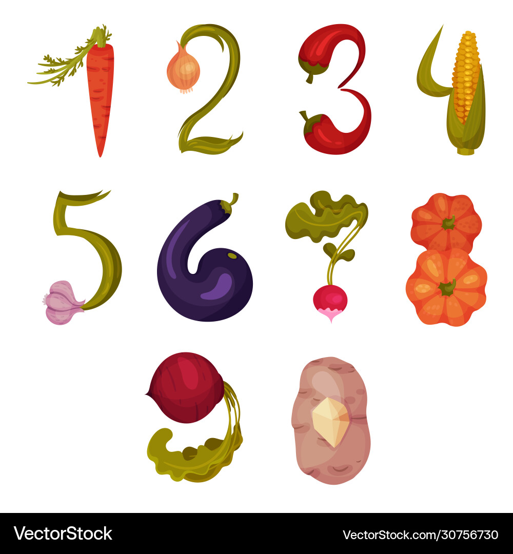 Numbers made fresh juicy vegetables set Royalty Free Vector