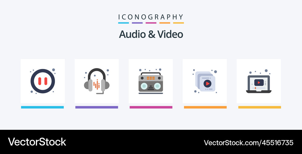 Audio and video flat 5 icon pack including music Vector Image