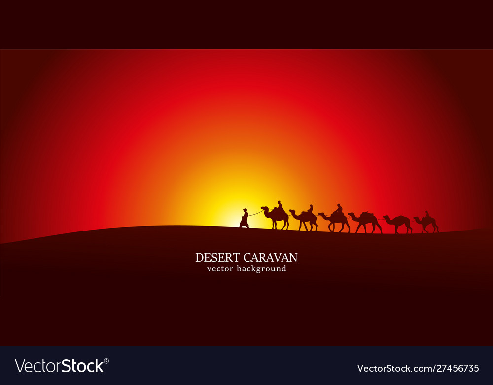 Camel caravan goes through desert landscape Vector Image