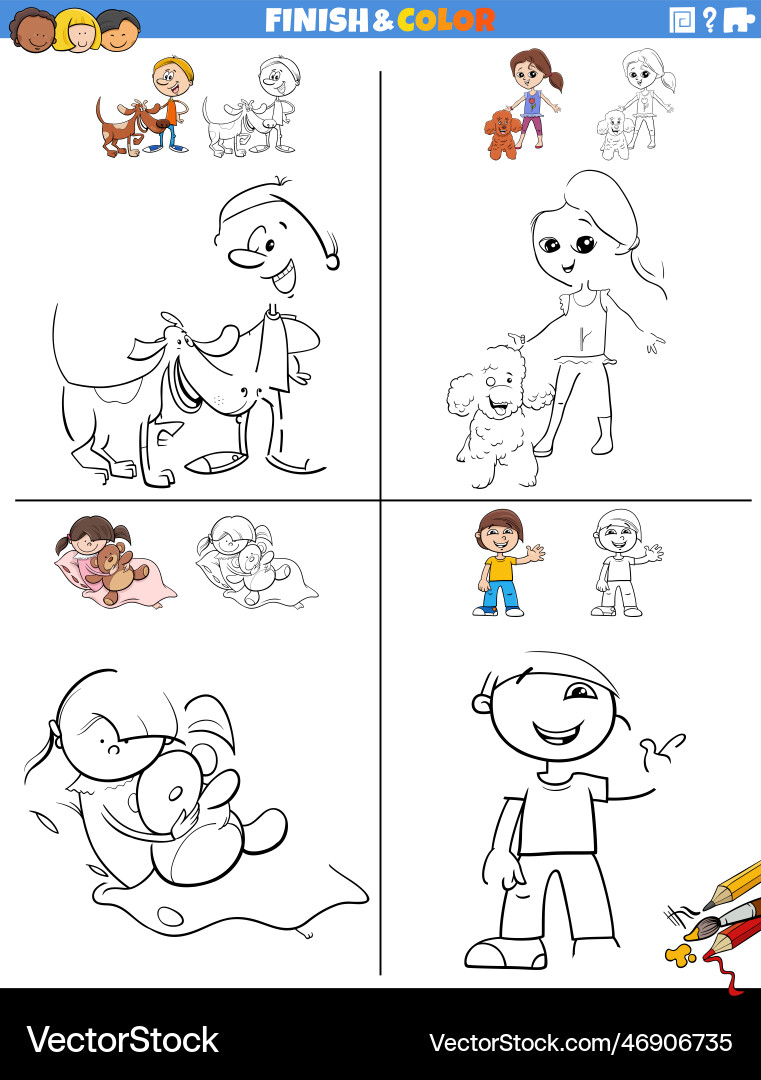 Drawing and coloring worksheets set with cute Vector Image