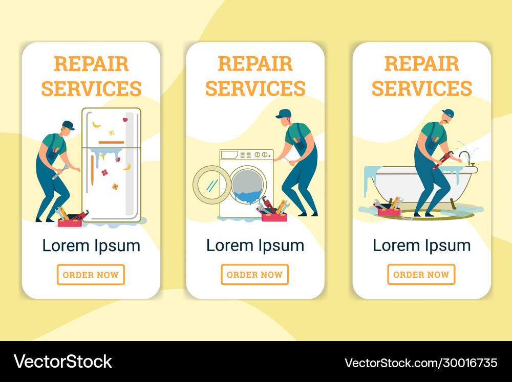 Repair services mobile app page onboard screen set