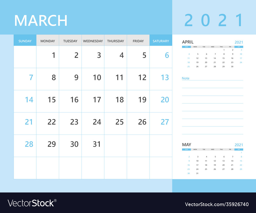 Calendar 2021 template march 2021 year Royalty Free Vector