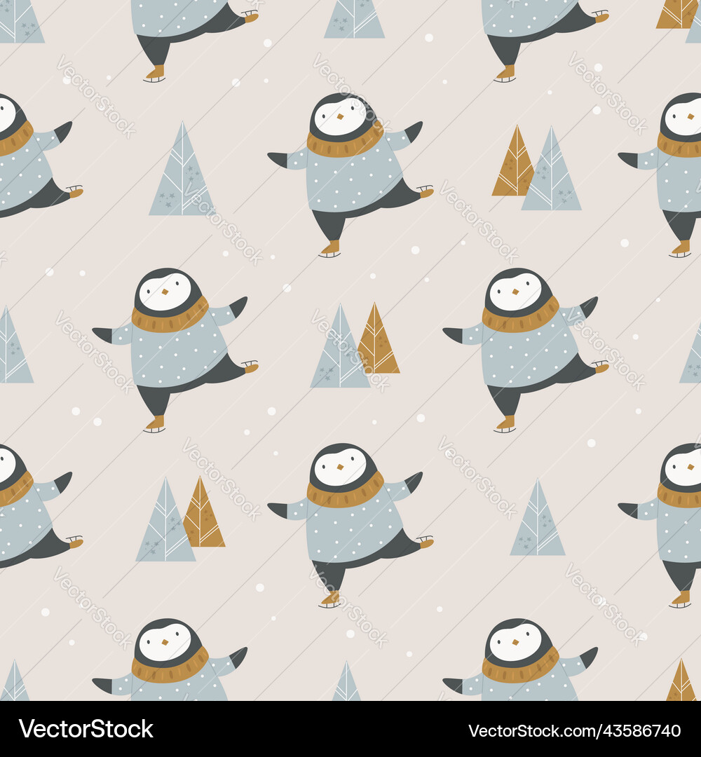 Christmas seamless pattern with trees and penguins