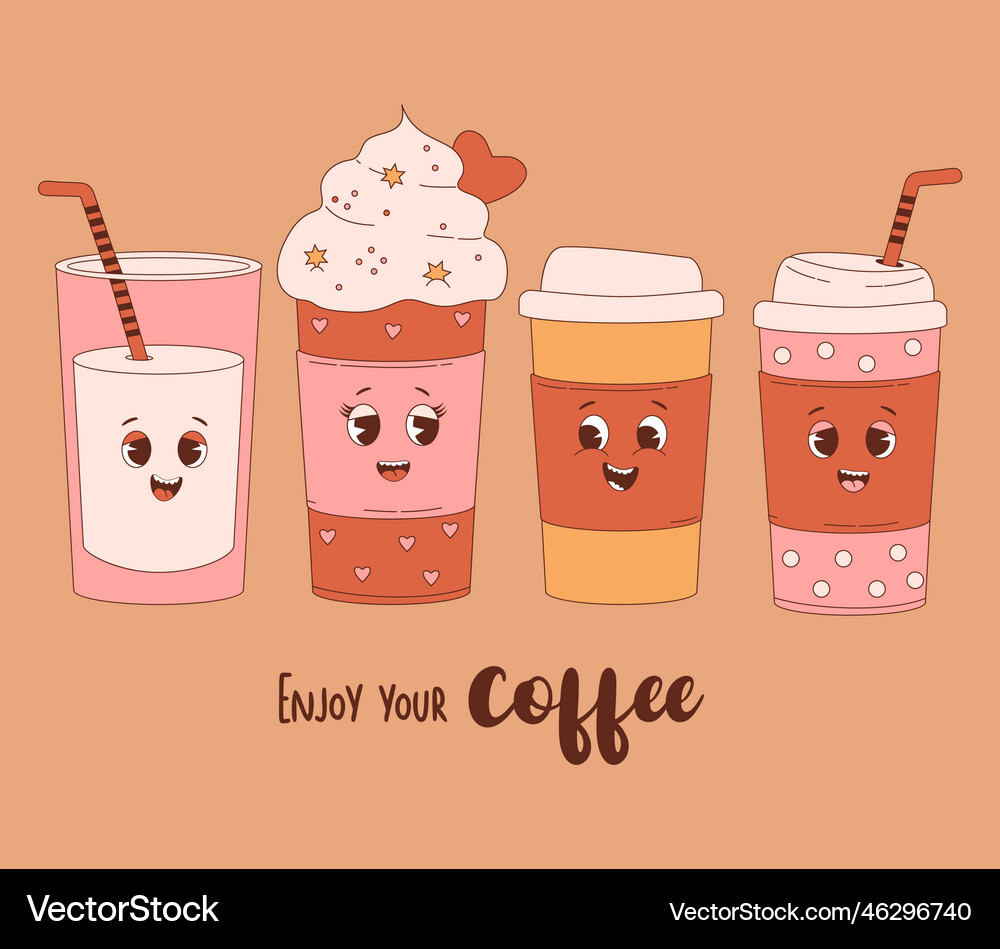 Coffee collection cute retro cartoon characters Vector Image