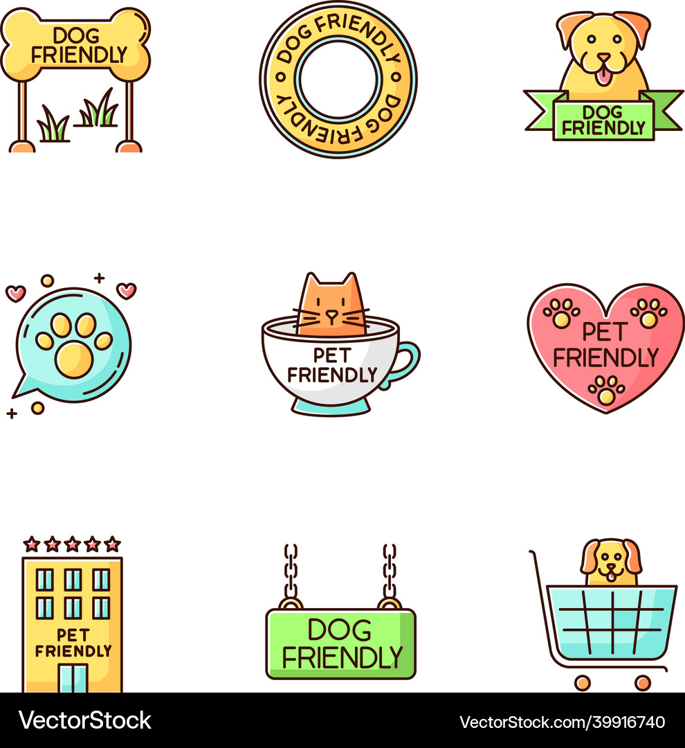 Pet friendly emblems rgb color icons set Vector Image