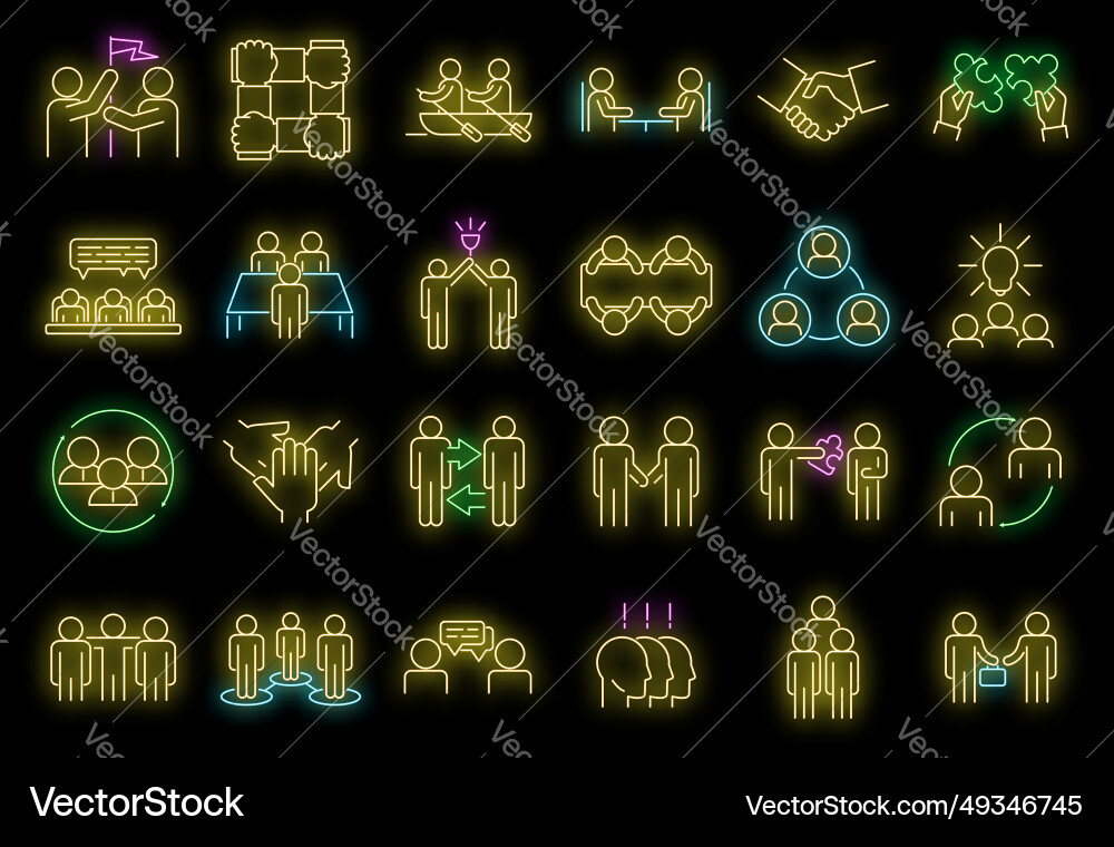 Business cooperation icons set neon Royalty Free Vector