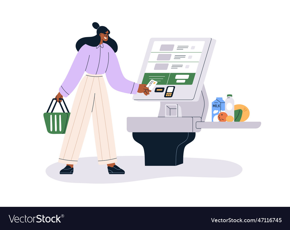 Self-service cashier checkout terminal in grocery Vector Image