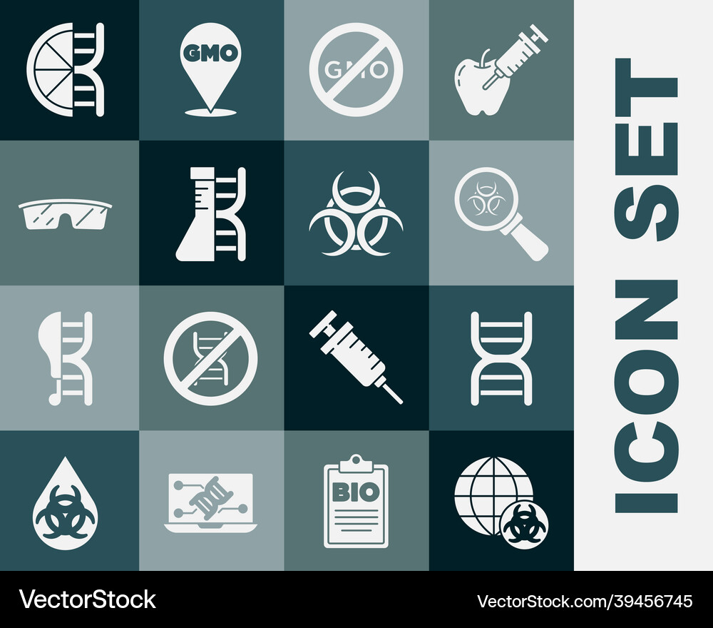 Set gmo dna symbol biohazard and magnifying Vector Image