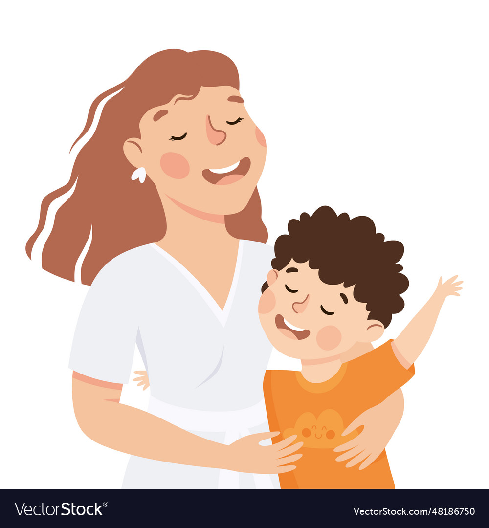 Little boy and mom hugging feel happy Royalty Free Vector