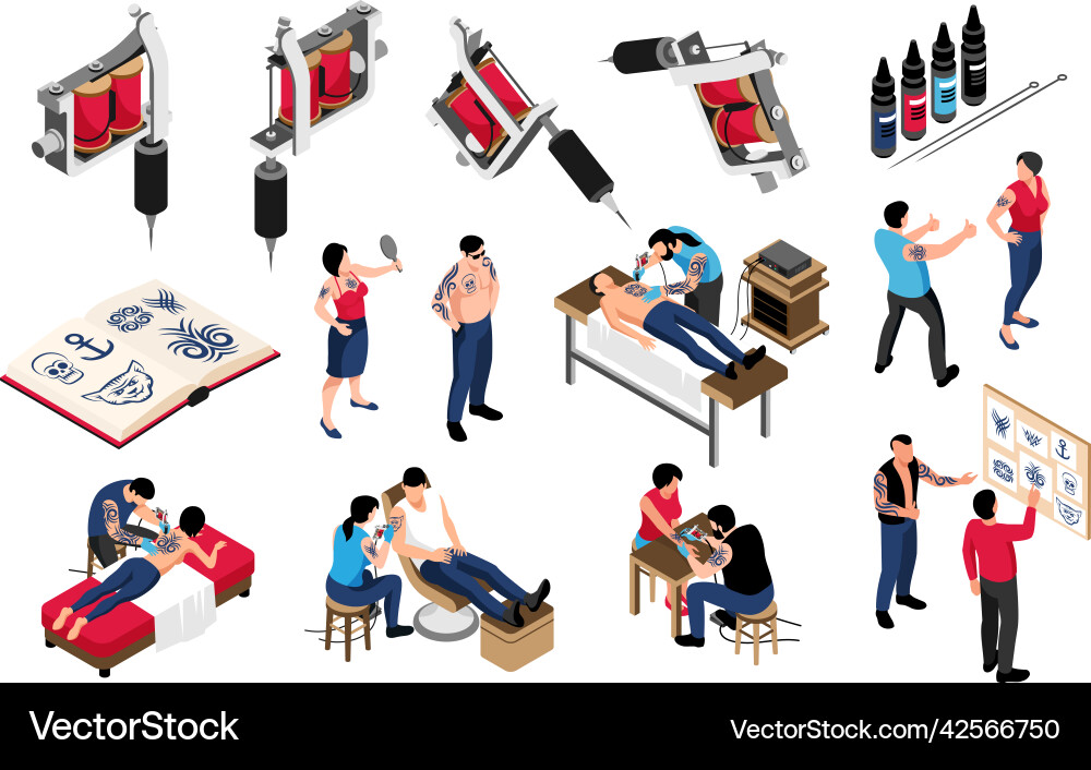 Tattoo artist isometric set Royalty Free Vector Image