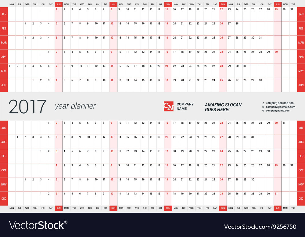 Yearly wall calendar planner template for 2017 Vector Image