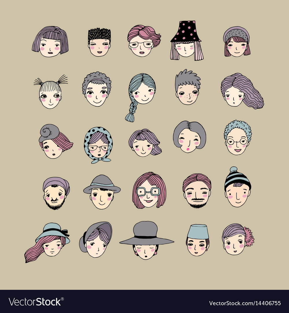 Different faces hand drawing isolated objects Vector Image