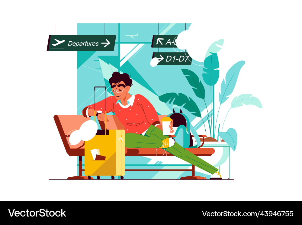 Guy with coffee look on watch and wait for flight Vector Image