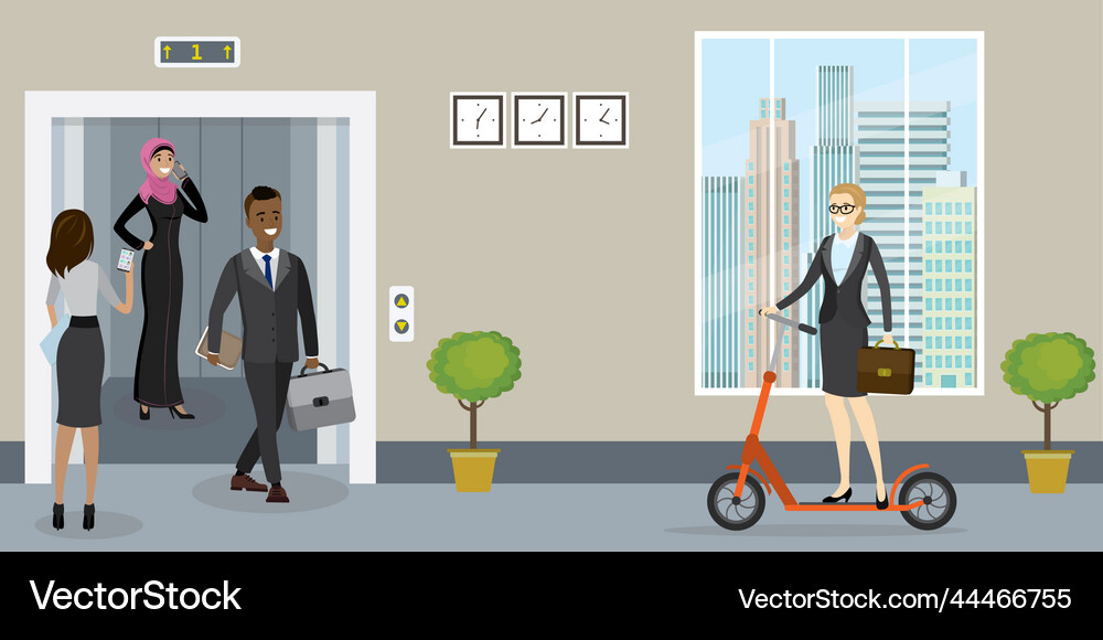 Hallway with people in office buildingopen Vector Image