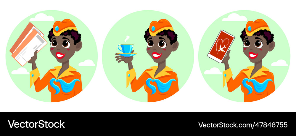 Swarthy smiling stewardess in orange uniform Vector Image