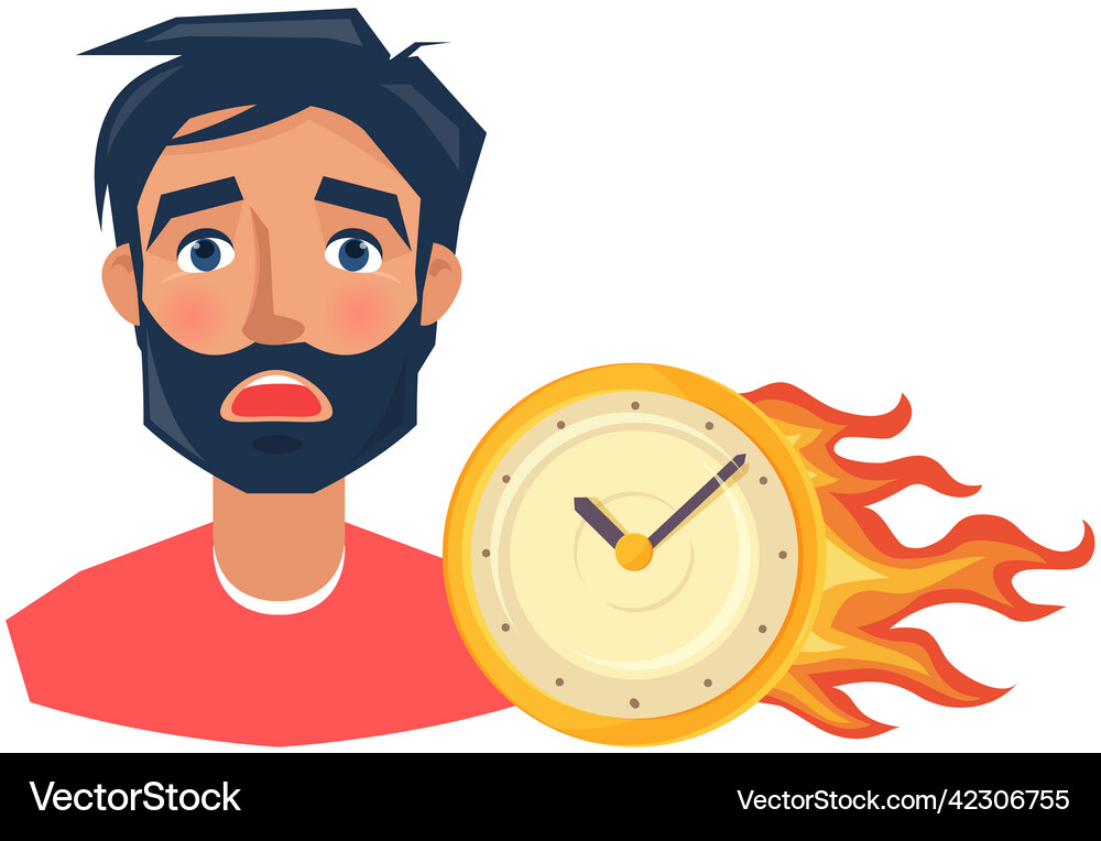 Upset man portrait near burning clock scared Vector Image