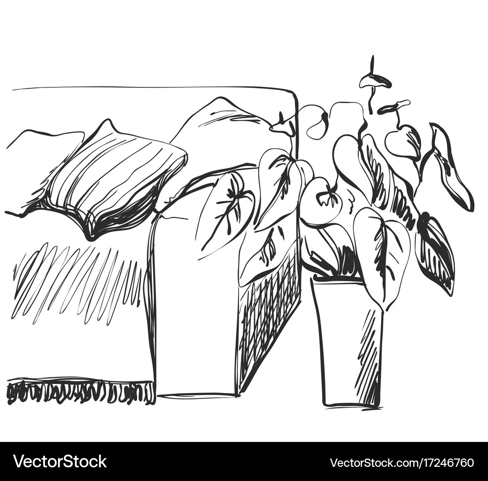 Room interior sketch sofa and flowerpot Royalty Free Vector