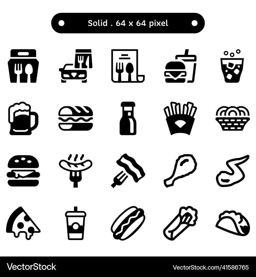 Fast food solid style icon set Royalty Free Vector Image