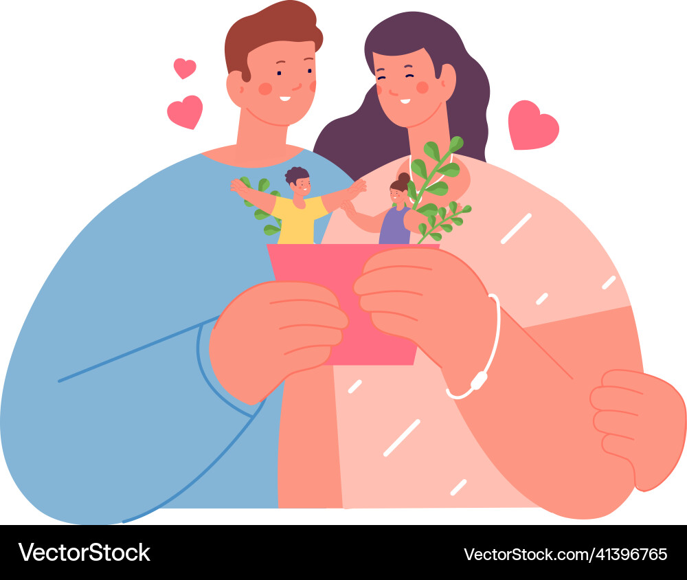 Happy parents hold flower pot with tiny joyful Vector Image