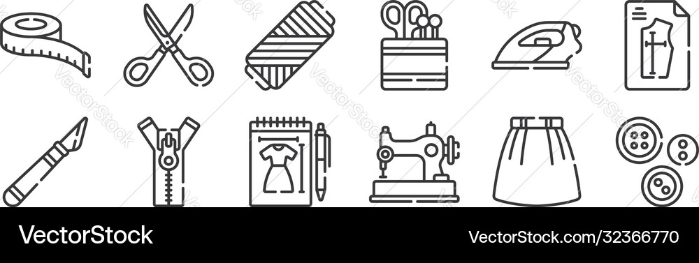 12 set linear sewing icons thin outline icons Vector Image