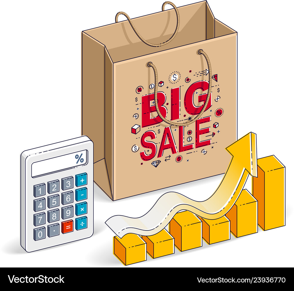 Shopping bag with calculator and growth chart Vector Image
