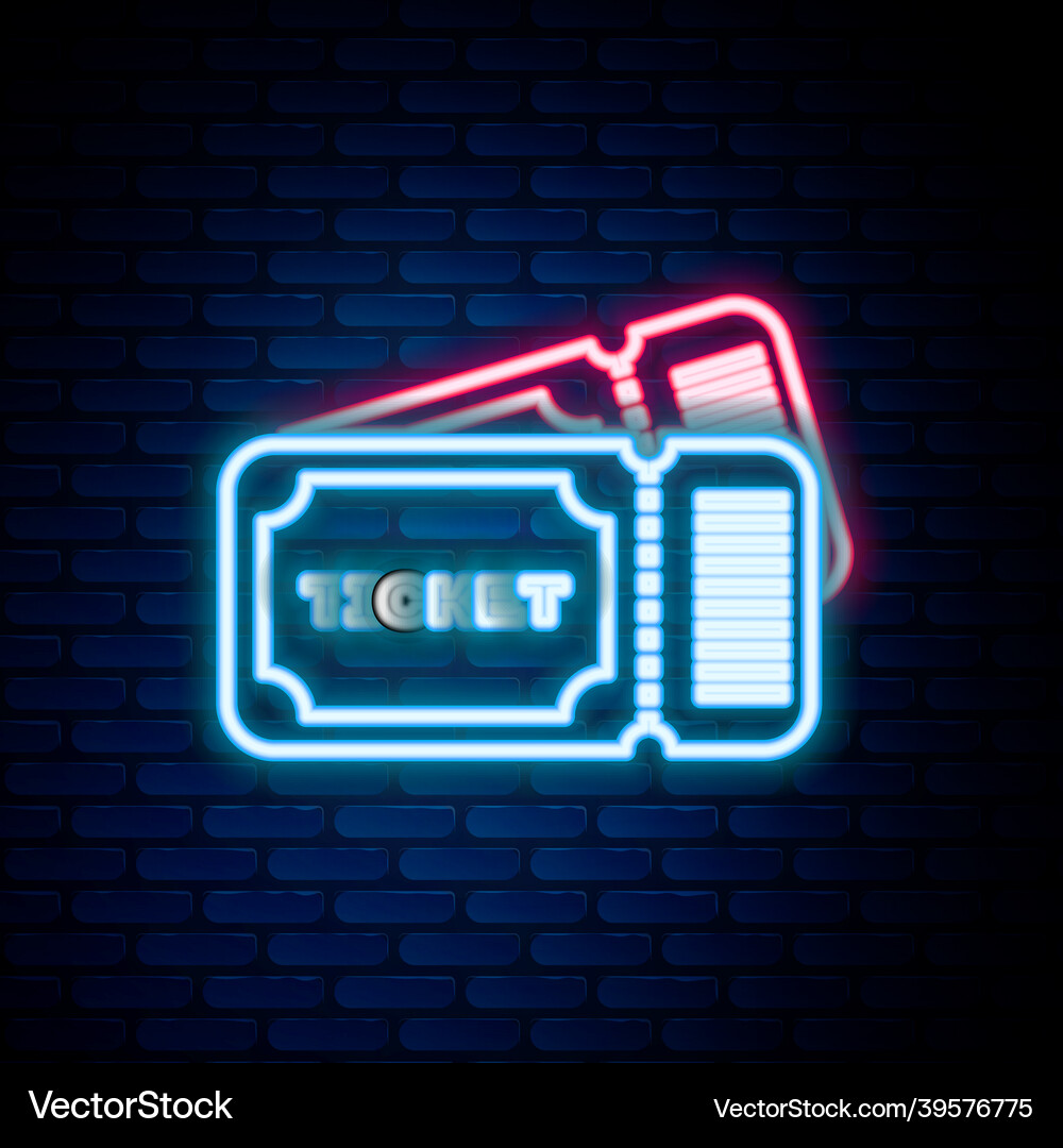 Glowing neon line ticket icon isolated on brick Vector Image