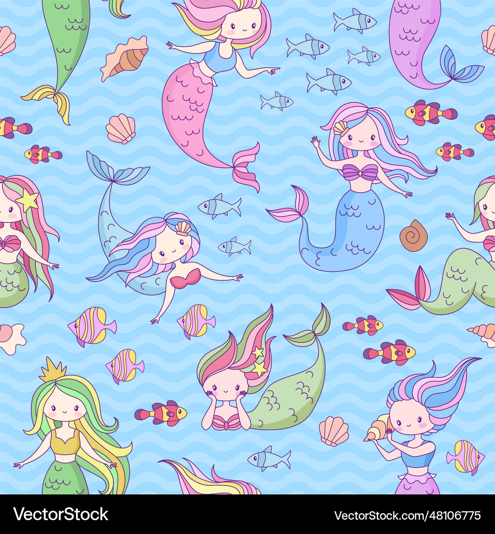 Mermaid seamless pattern cute little mermaids Vector Image