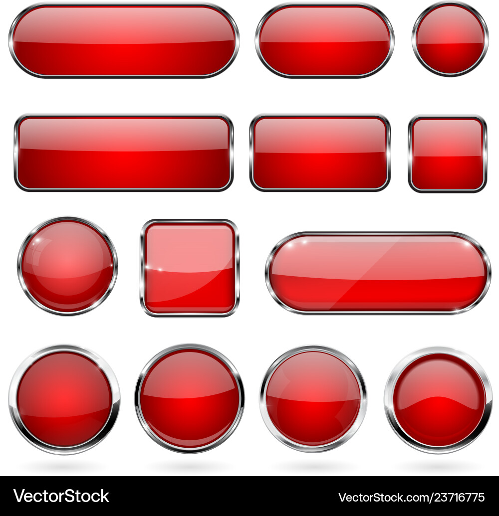 Red glass buttons with metal frame collection Vector Image