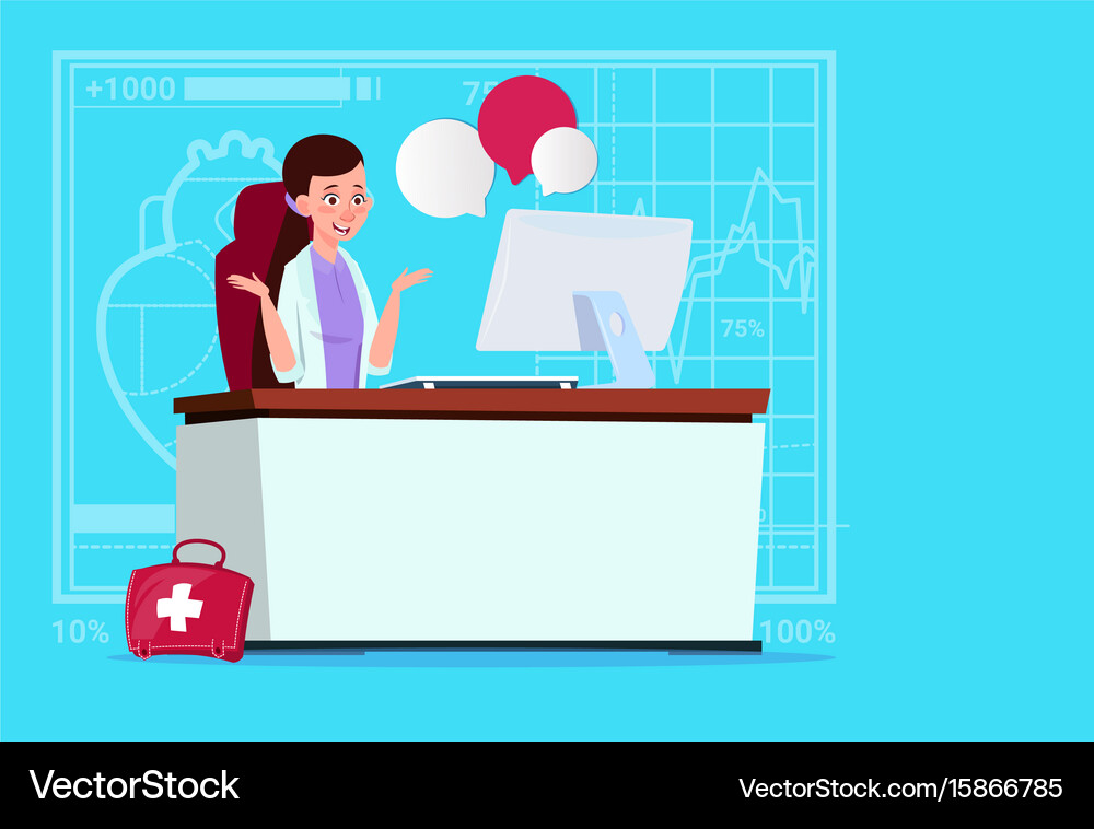 Female doctor sitting at computer online Vector Image