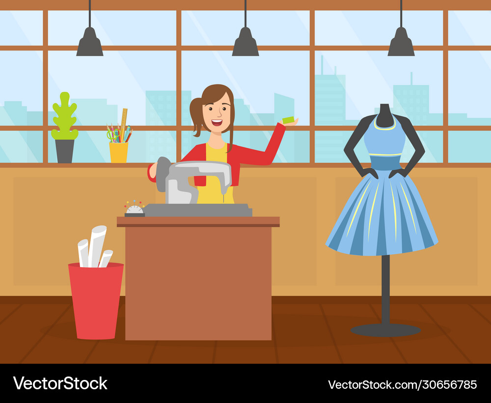 Female tailor character sewing dress Royalty Free Vector