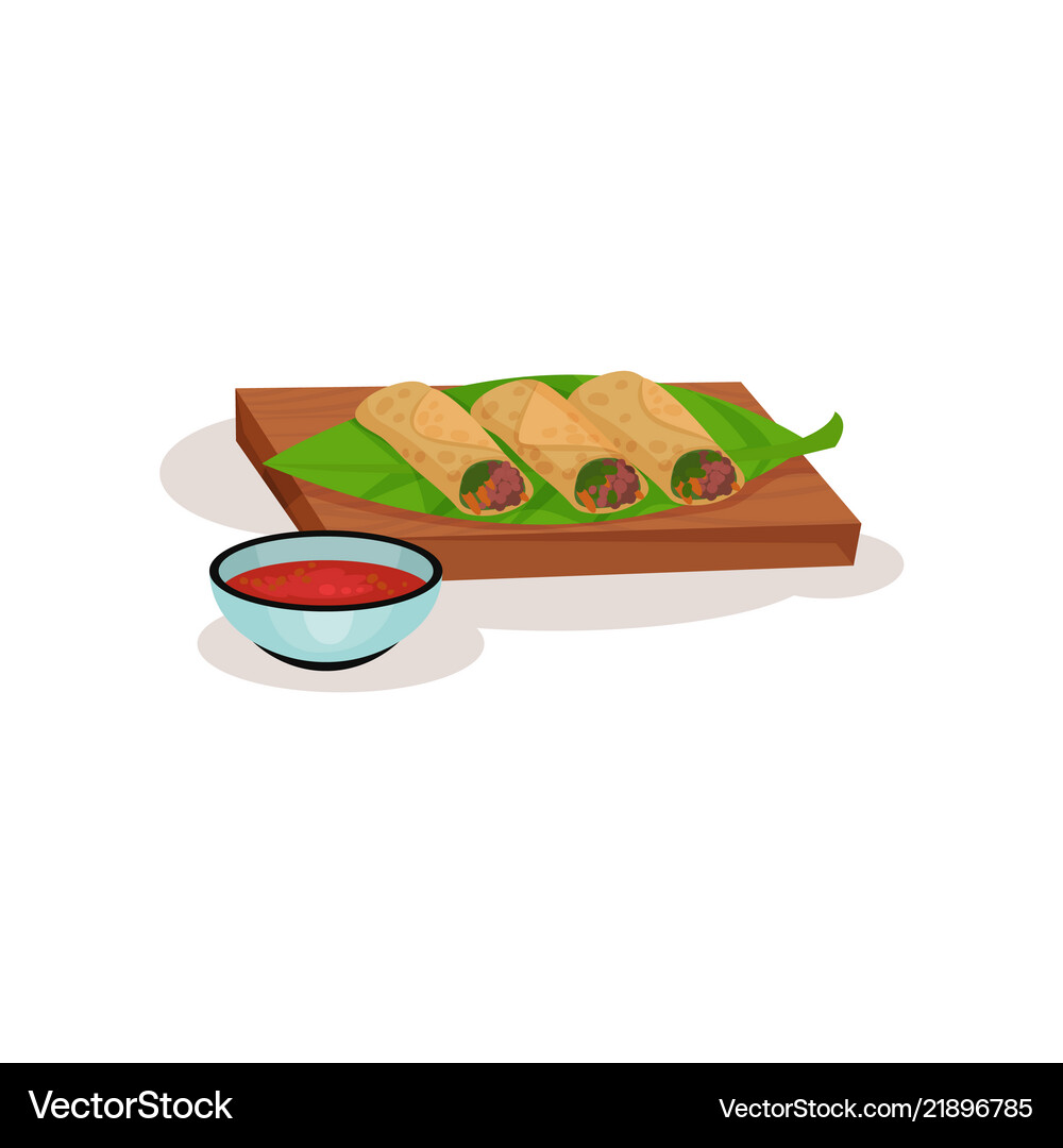 Spring rolls with meat and vegetables on wooden Vector Image