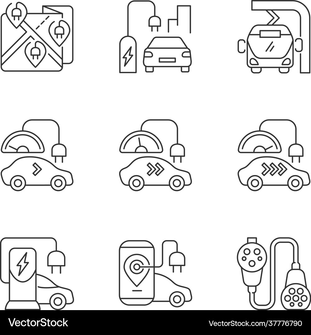 Electric vehicle charging linear icons set Vector Image