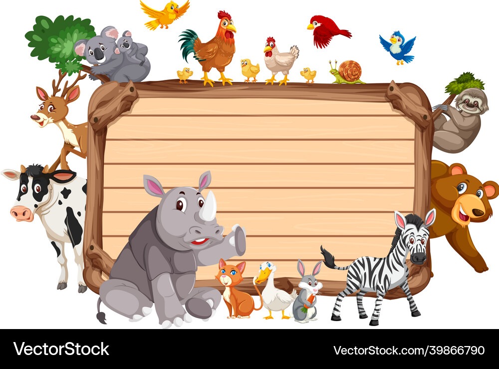 Empty wooden board with various wild animals Vector Image