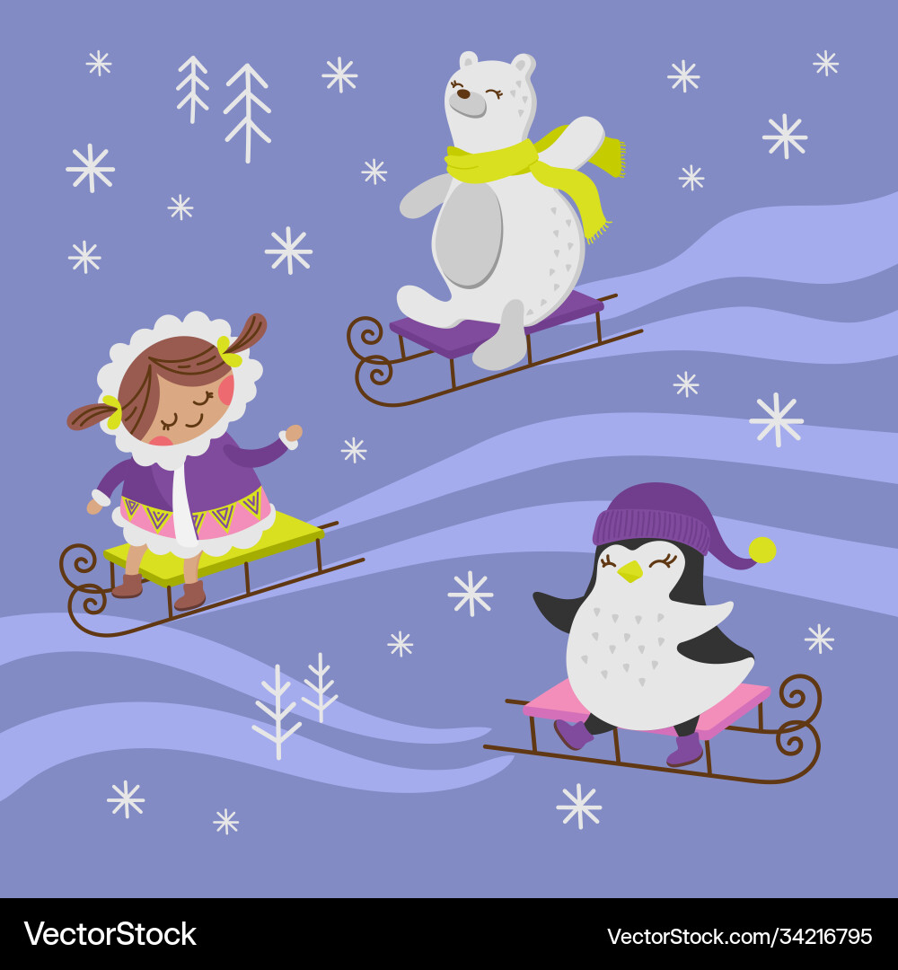 Penguin Sledding Clip Art