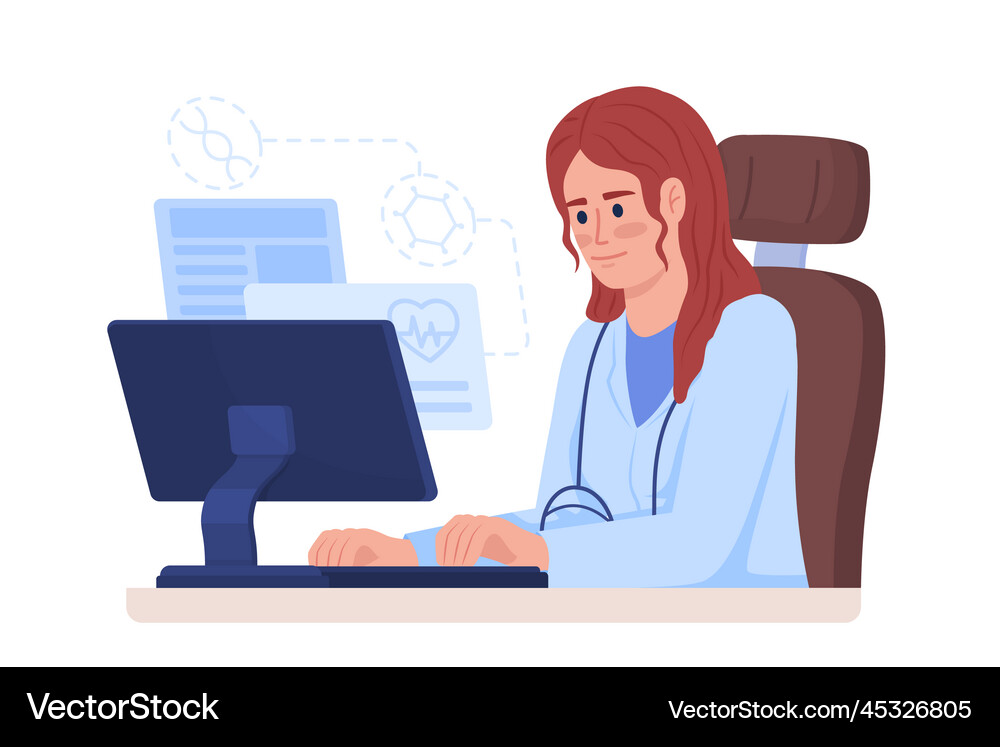 Doctor works on computer semi flat color character