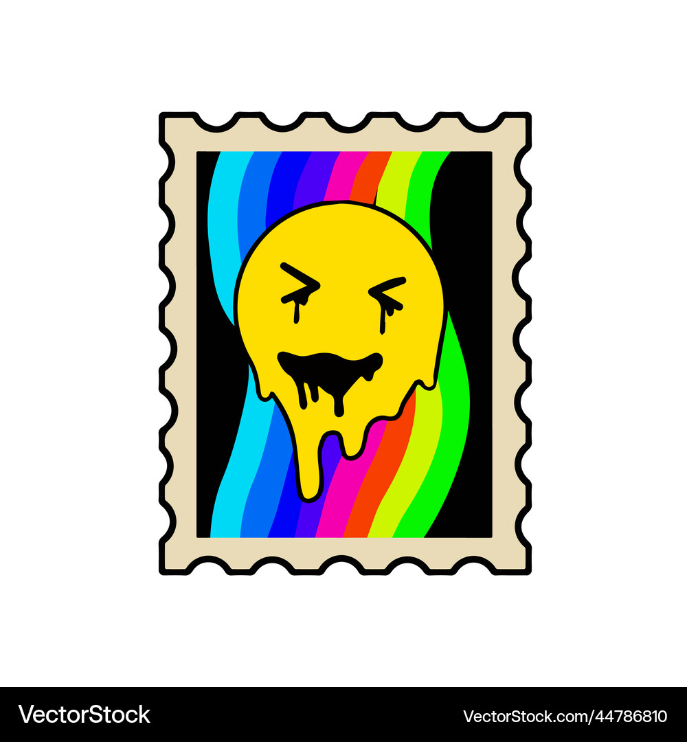 Acid postage stamp with yellow smile face Vector Image