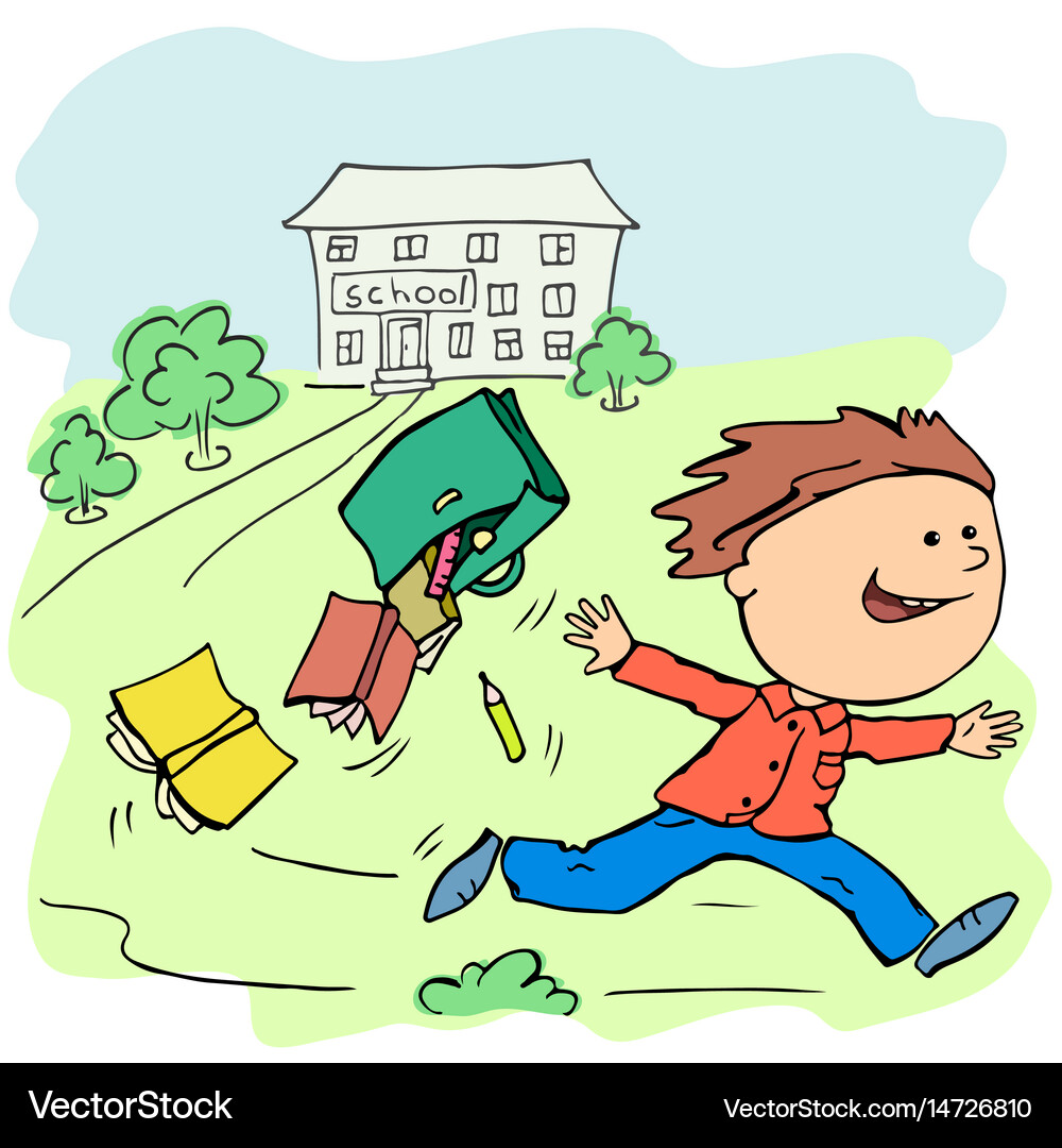 Boy joyfully escapes from school on vacation Vector Image