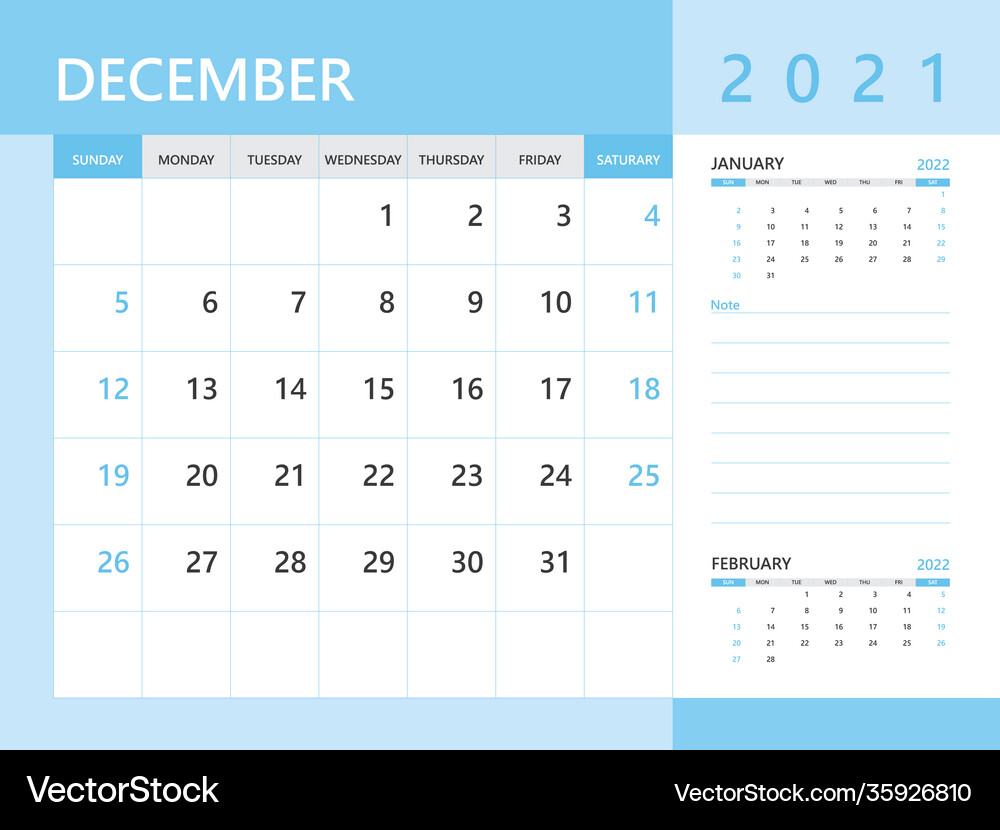 Calendar 2021 template december 2021 year Vector Image