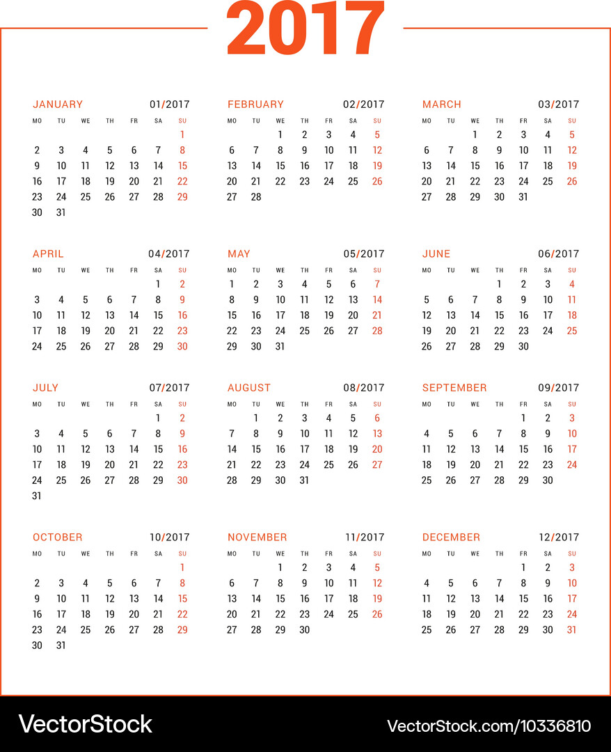 Calendar for 2017 year on white background design Vector Image
