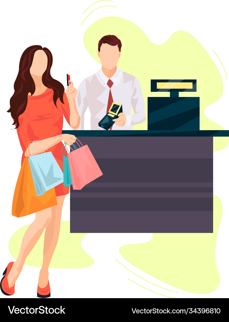 Girl at checkout counter with several Royalty Free Vector