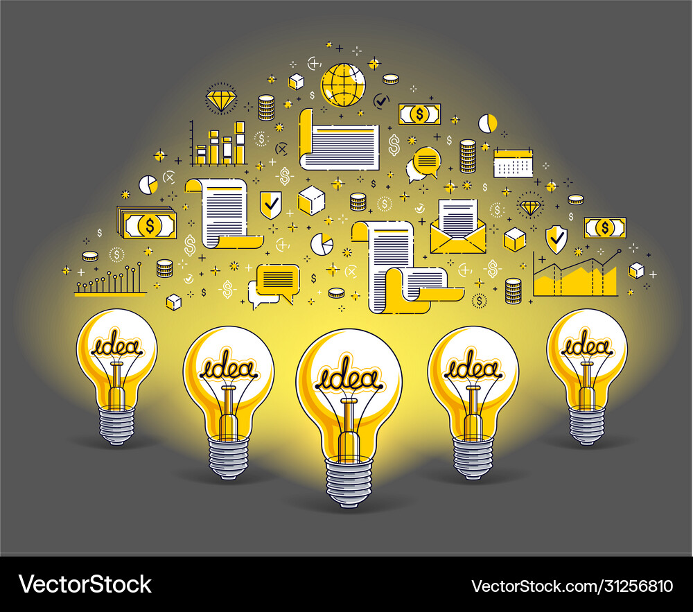 Group shining light bulbs and set icons Royalty Free Vector