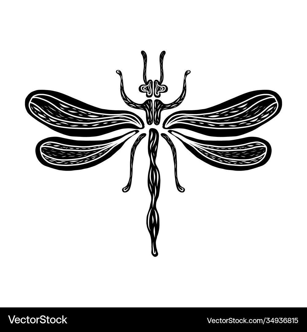 Dragonfly linocut draw ink Royalty Free Vector Image