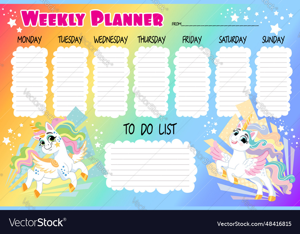 Printable cute unicorn rainbow weekly planner Vector Image