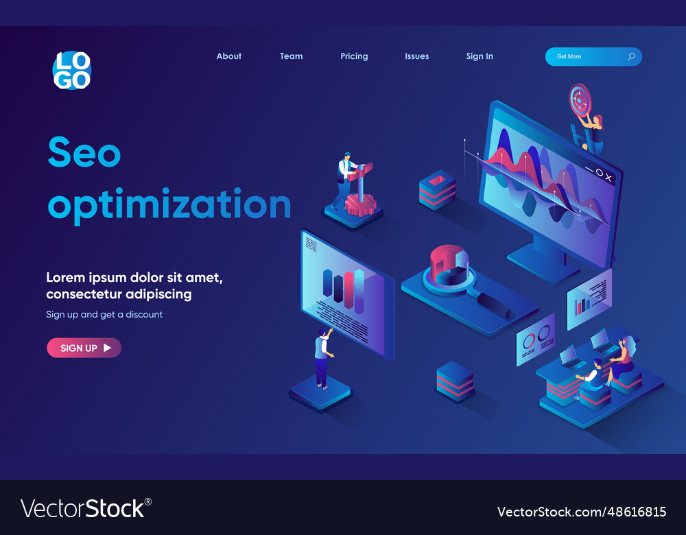 Seo optimization concept 3d isometric web landing Vector Image
