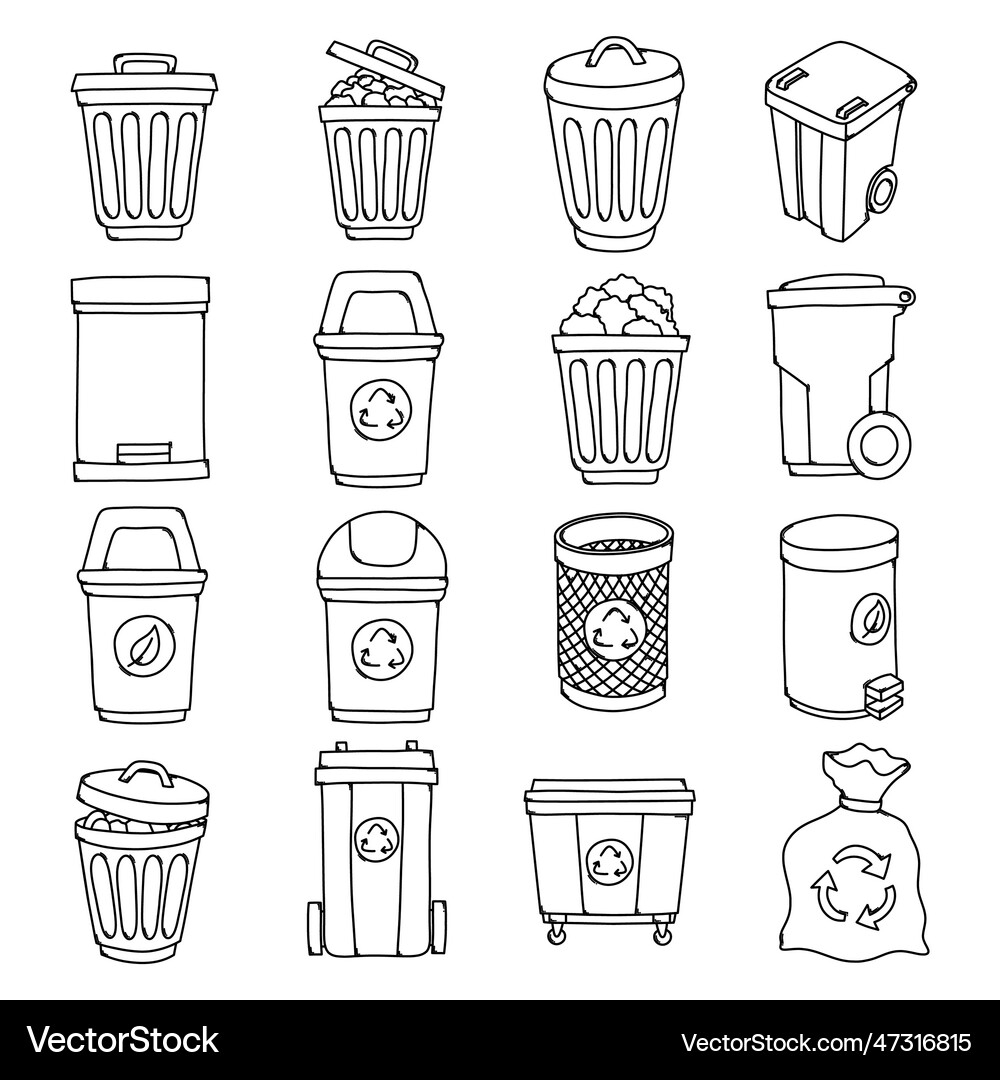 Trash doodle icon set drawing sketch Royalty Free Vector